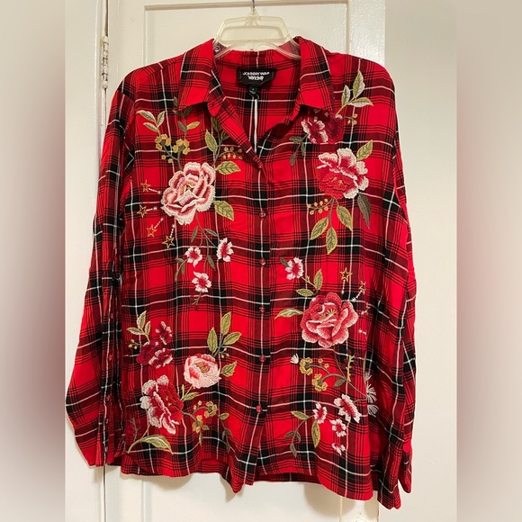 Johnny Was | Tops | Johnny Was Red Plaid Shirt With Floral Embroidery ...